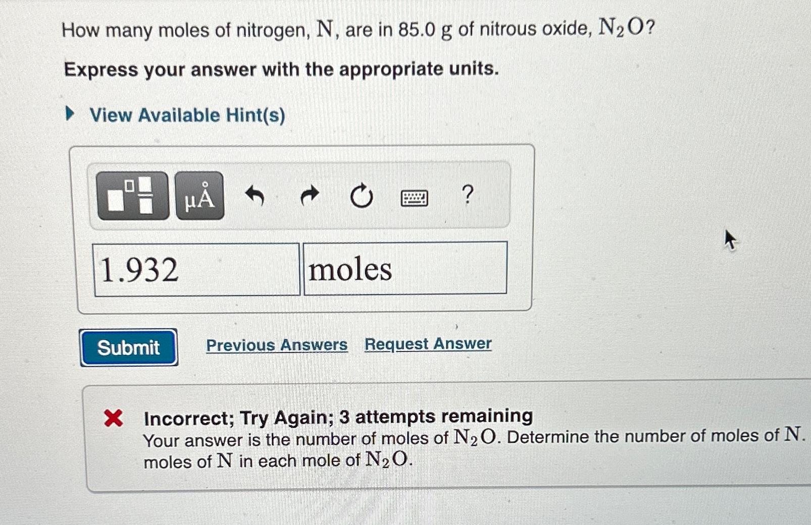 Solved How many moles of nitrogen, N, ﻿are in 85.0g ﻿of | Chegg.com