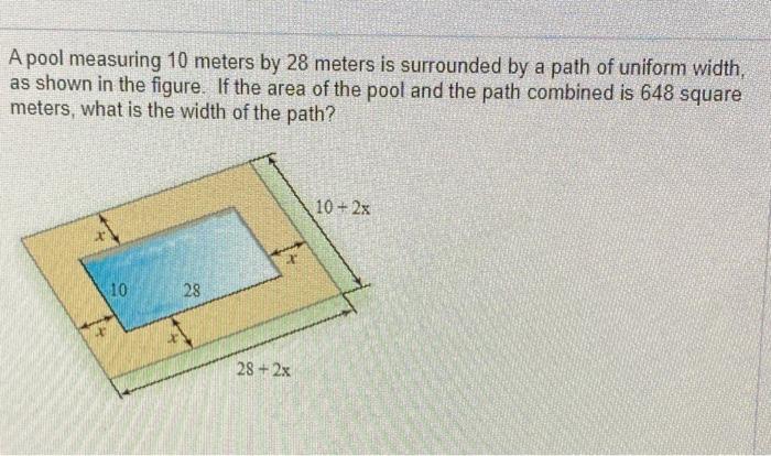 Solved A pool measuring 10 meters by 28 meters is surrounded | Chegg.com