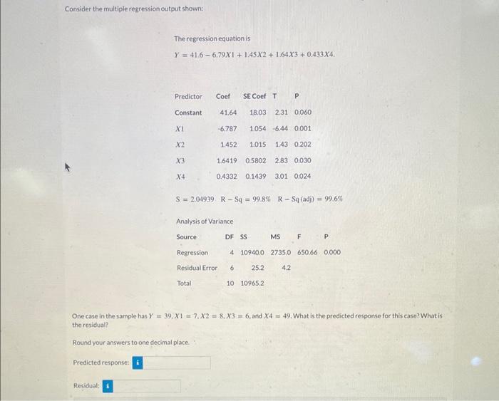 Solved Consider the multiple regression output shown: The | Chegg.com