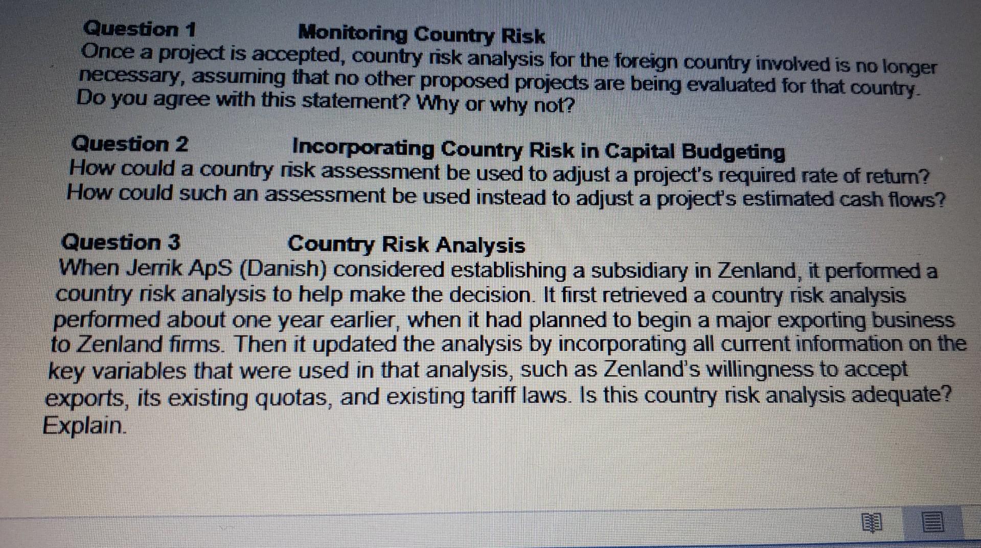 Solved Question 1 Monitoring Country Risk Once a project is | Chegg.com