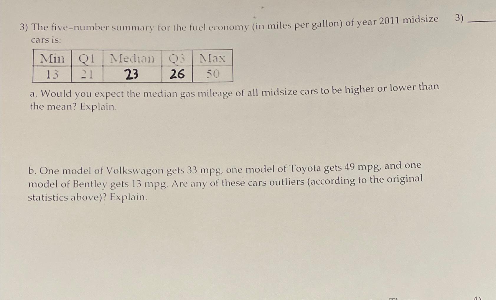 Solved The five-number summary for the fuel economy (in | Chegg.com