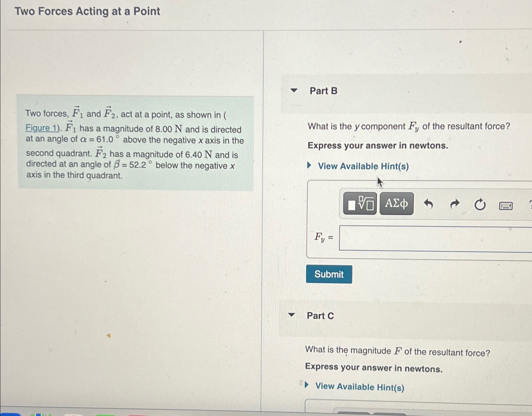 Solved Two Forces Acting at a PointTwo forces, vec(F)1 ﻿and | Chegg.com