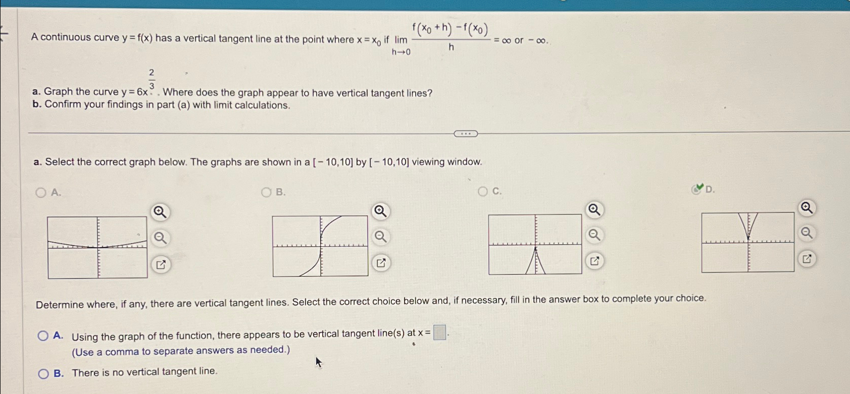 Solved A continuous curve y=f(x) has a vertical tangent line | Chegg.com