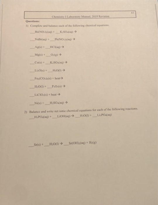 Solved 61 Chemistry I Laboratory Manual 2019 Revision | Chegg.com