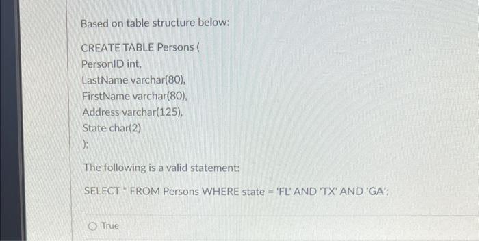 Solved Based on table structure below: CREATE TABLE Persons | Chegg.com