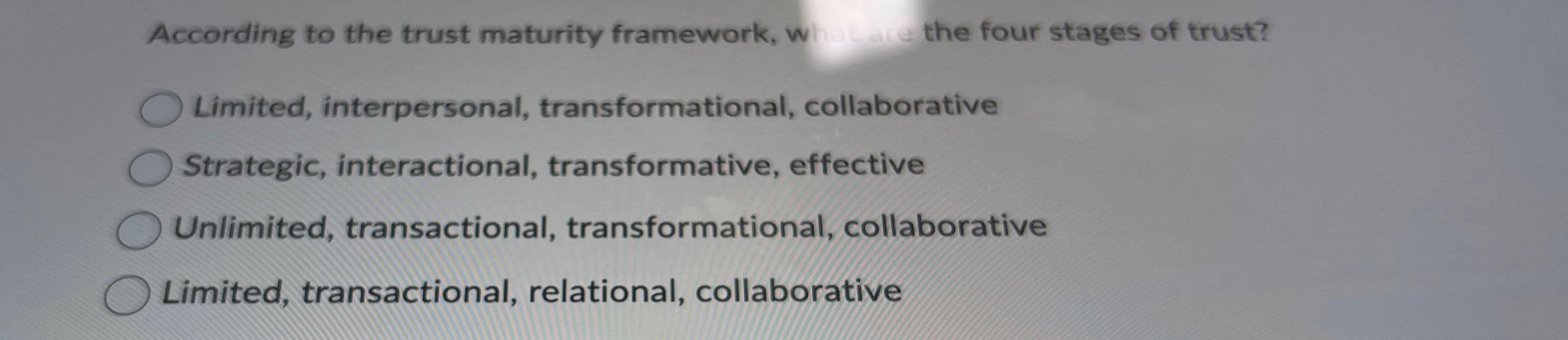 Solved According to the trust maturity framework, wl the | Chegg.com