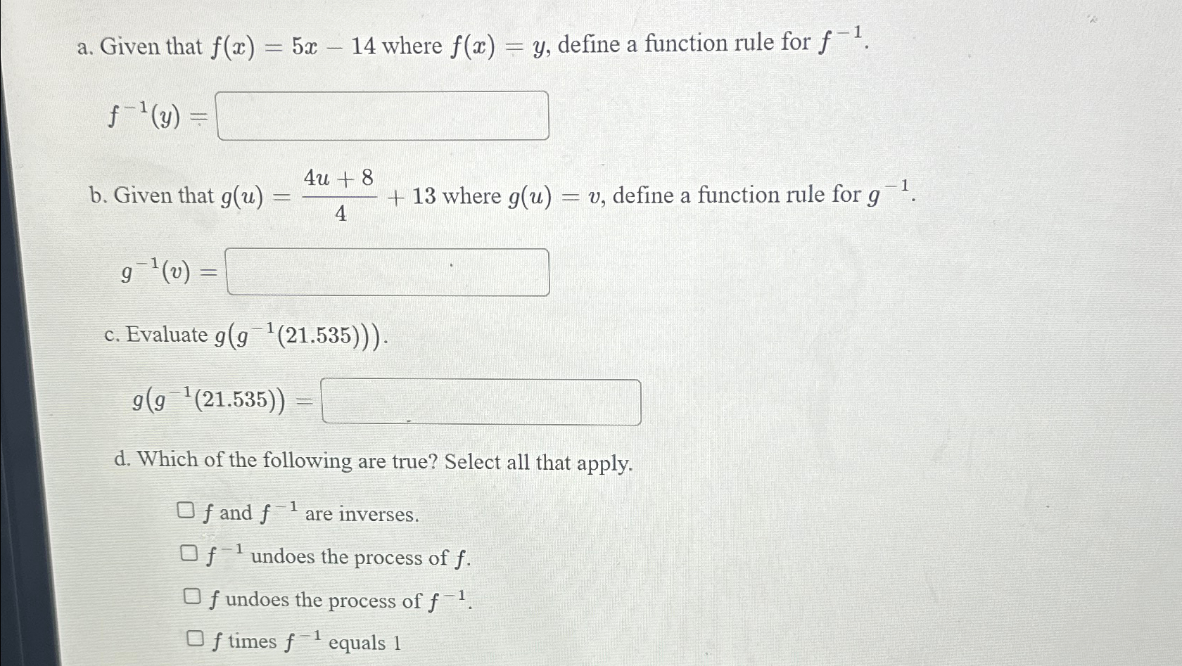 Solved a. ﻿Given that f(x)=5x-14 ﻿where f(x)=y, ﻿define a | Chegg.com