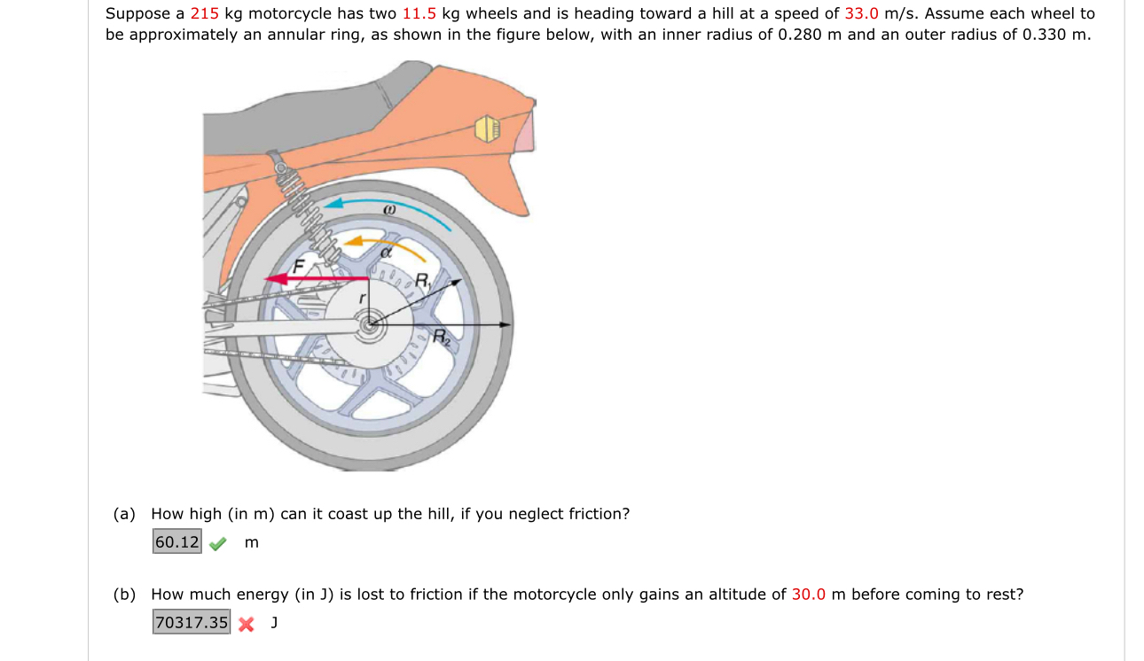Solved Suppose a 215 ﻿kg motorcycle has two 11.5 ﻿kg wheels | Chegg.com