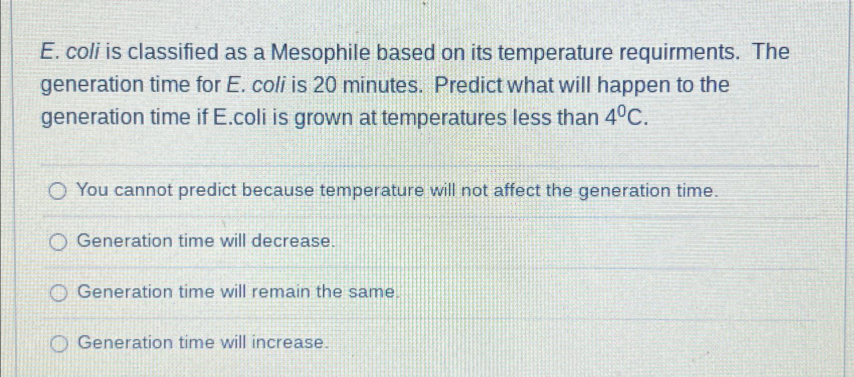 Solved E. ﻿coli is classified as a Mesophile based on its | Chegg.com