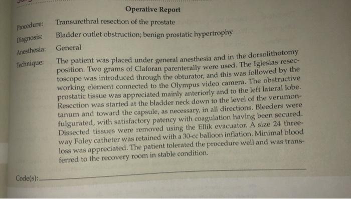 Solved Procedure: Diagnosis: Anesthesia: Technique: | Chegg.com