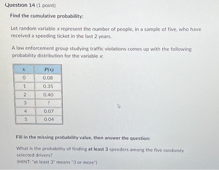 Question 14 (1 point) Find the cumulative | Chegg.com