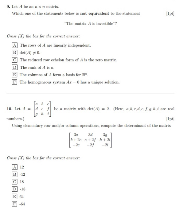 Solved 9. Let A be an n x n matrix. Which one of the | Chegg.com