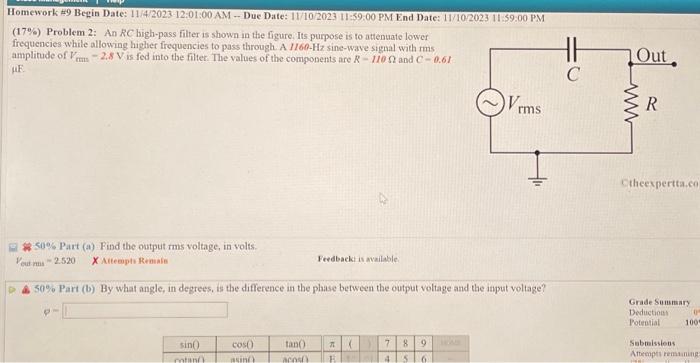 Solved (17\%) Problem 2: An RC high-pass filter is shown in | Chegg.com