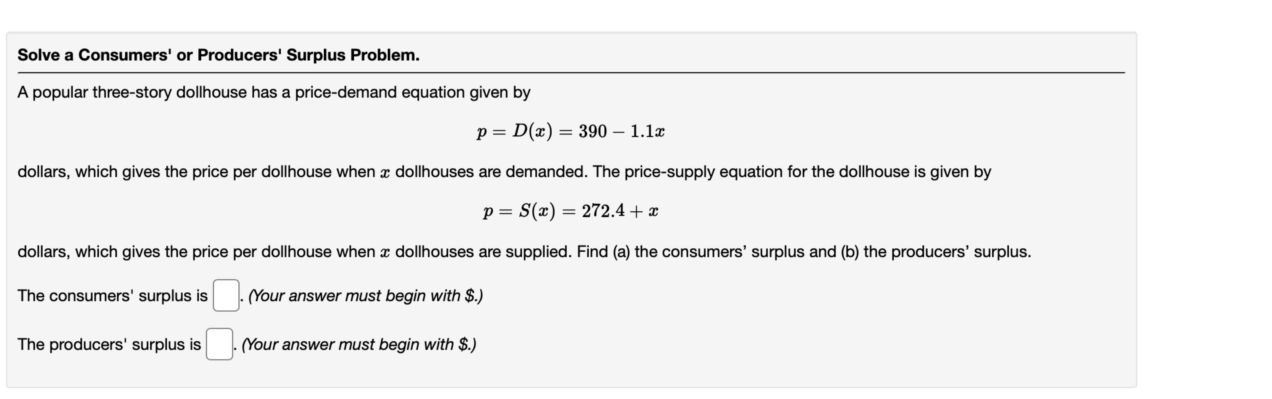 Solved Solve a Consumers' or Producers' Surplus Problem.A | Chegg.com