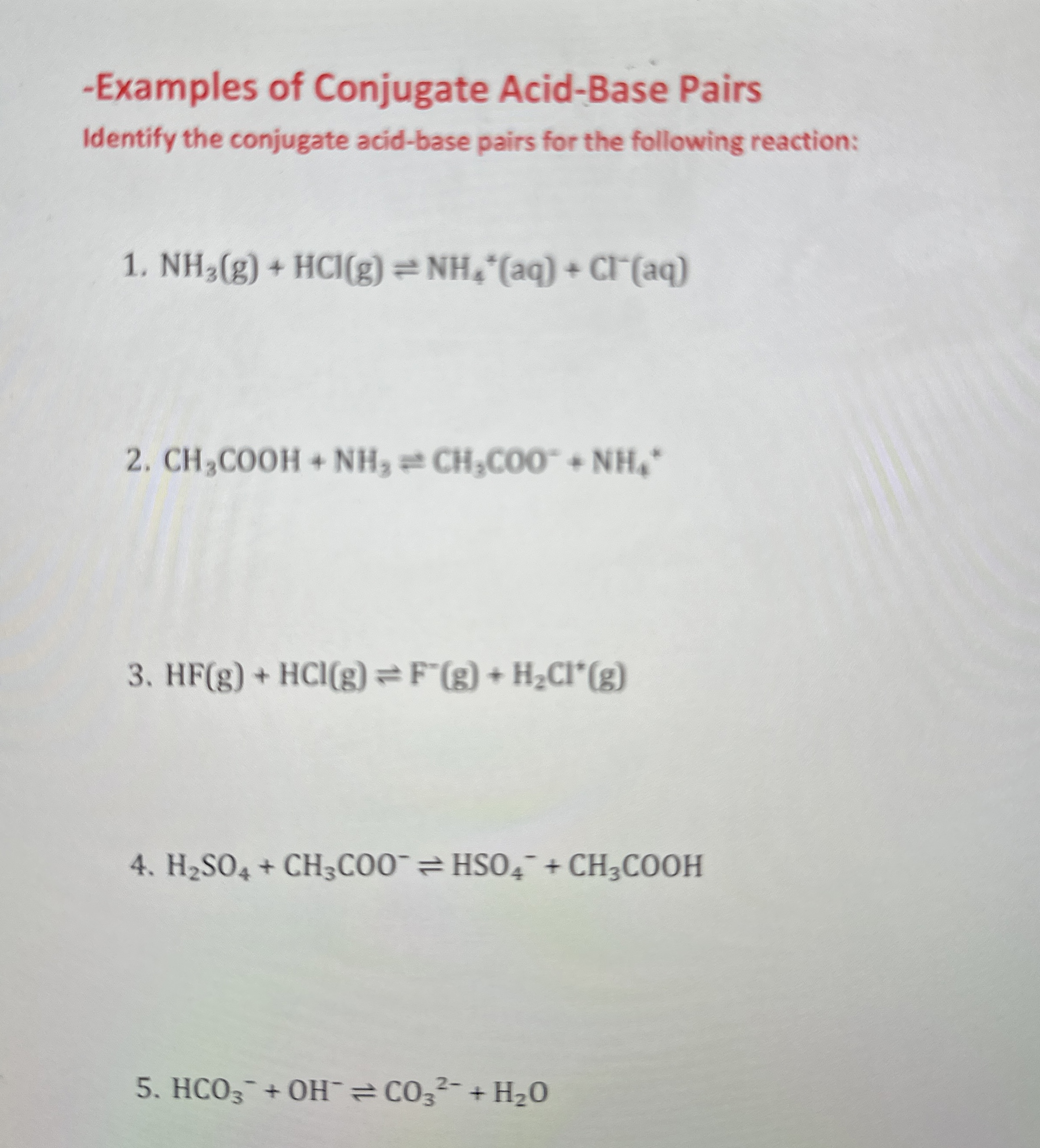 Solved -Examples of Conjugate Acid-Base PairsIdentify the | Chegg.com