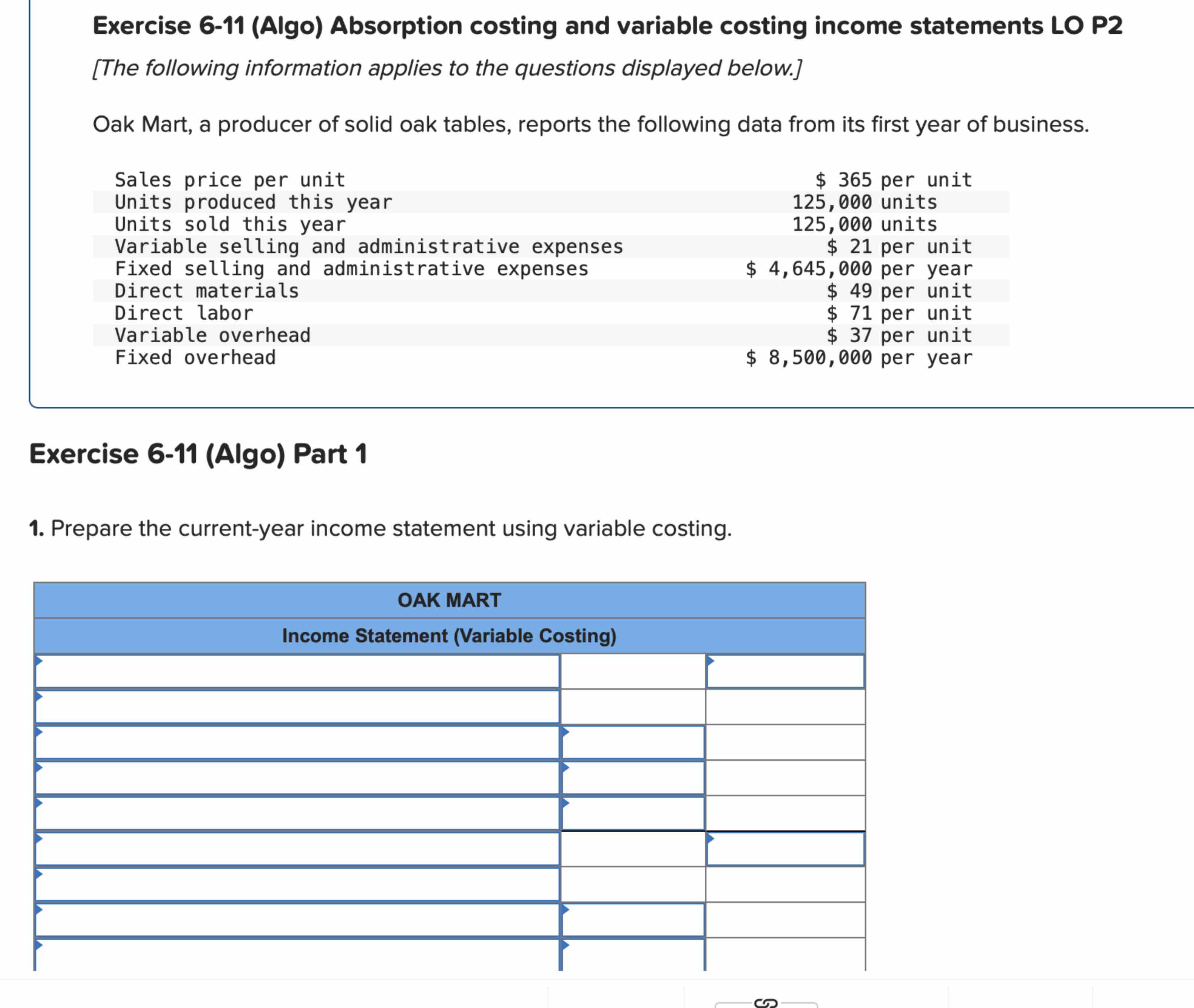 Solved Exercise 6-11 (Algo) ﻿Absorption costing and variable | Chegg.com
