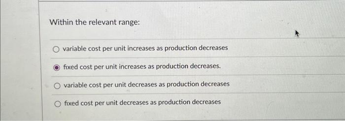 Solved Within the relevant range: variable cost per unit | Chegg.com
