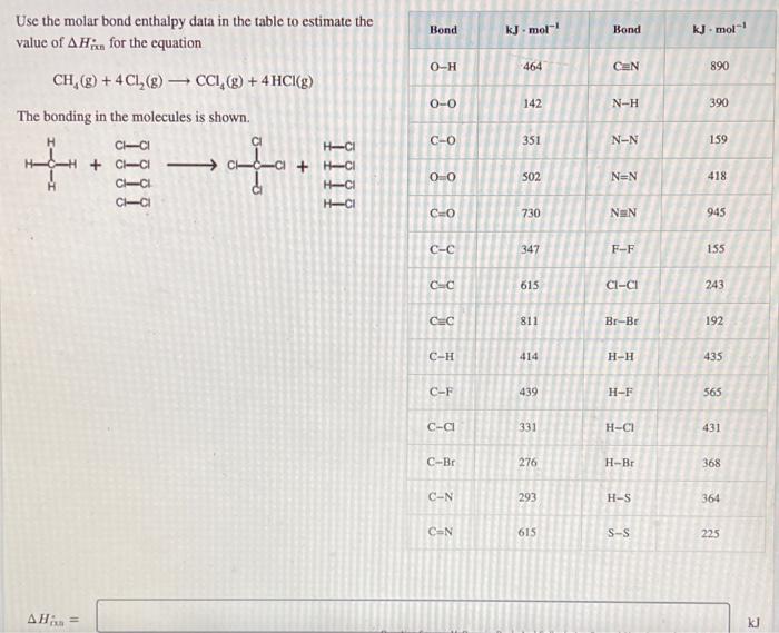 Solved Use the molar bond enthalpy data in the table to | Chegg.com