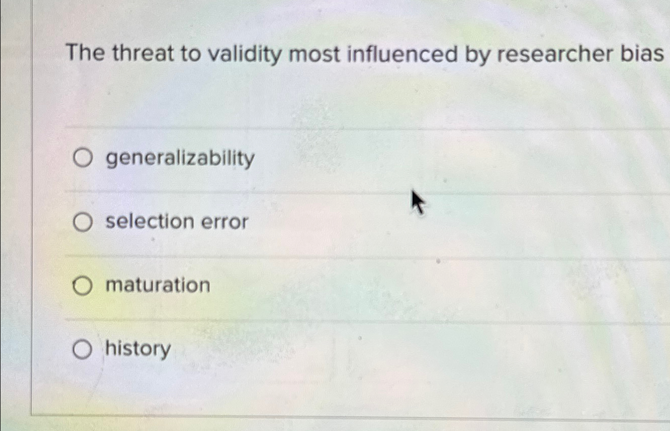 Solved The threat to validity most influenced by researcher | Chegg.com