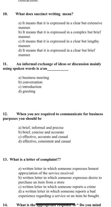 10. contractions. What does succinct writing mean? a) | Chegg.com