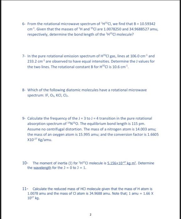 Solved 6- From the rotational microwave spectrum of HCl, we | Chegg.com