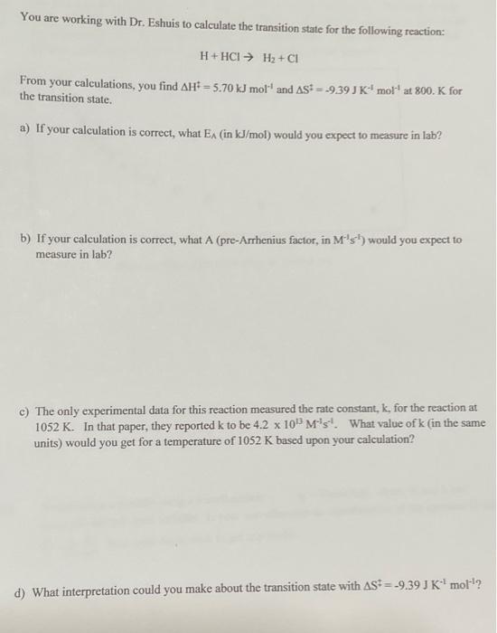 Solved You are working with Dr. Eshuis to calculate the | Chegg.com