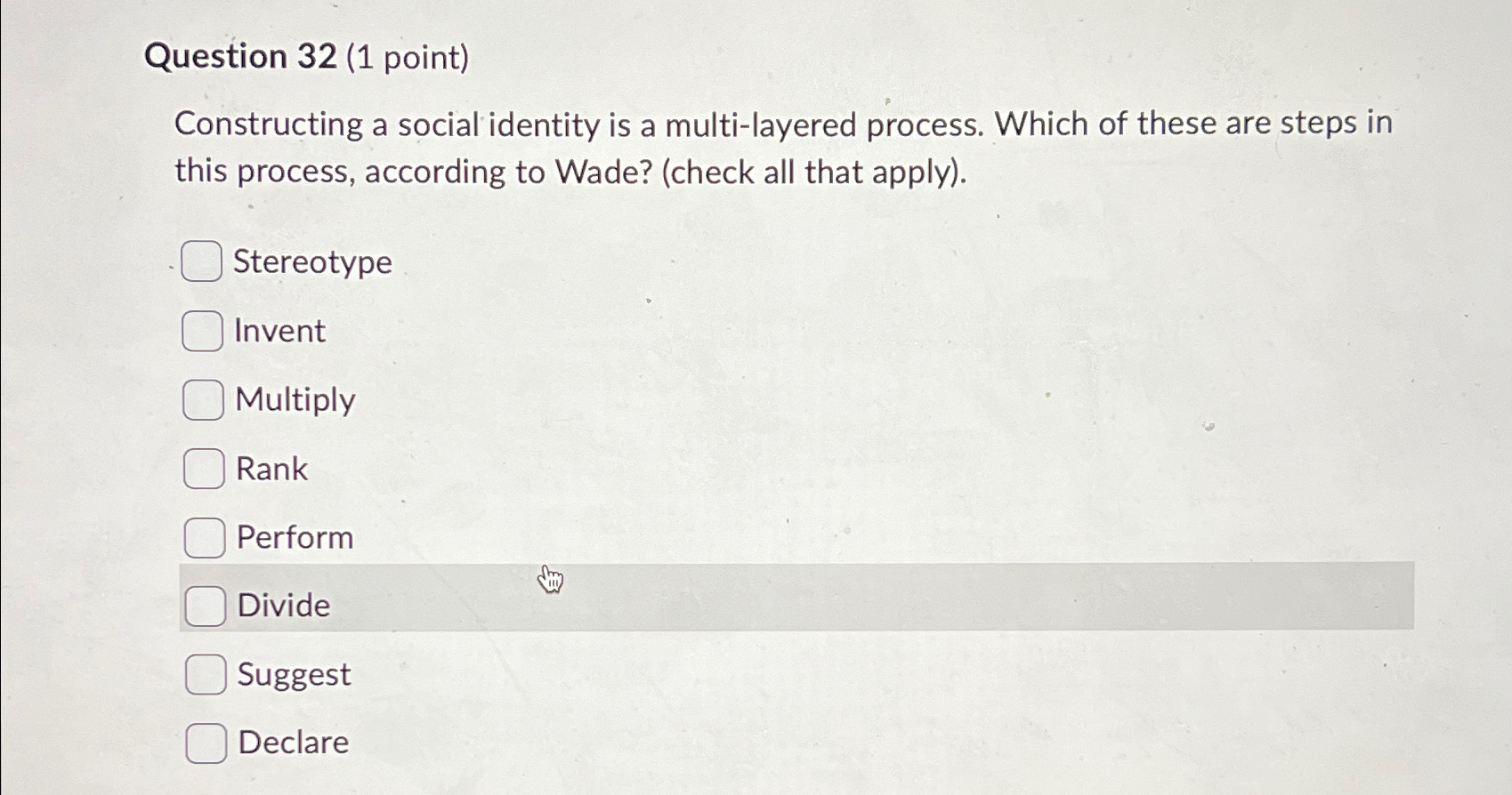 Solved Question 32 (1 ﻿point)Constructing a social identity | Chegg.com