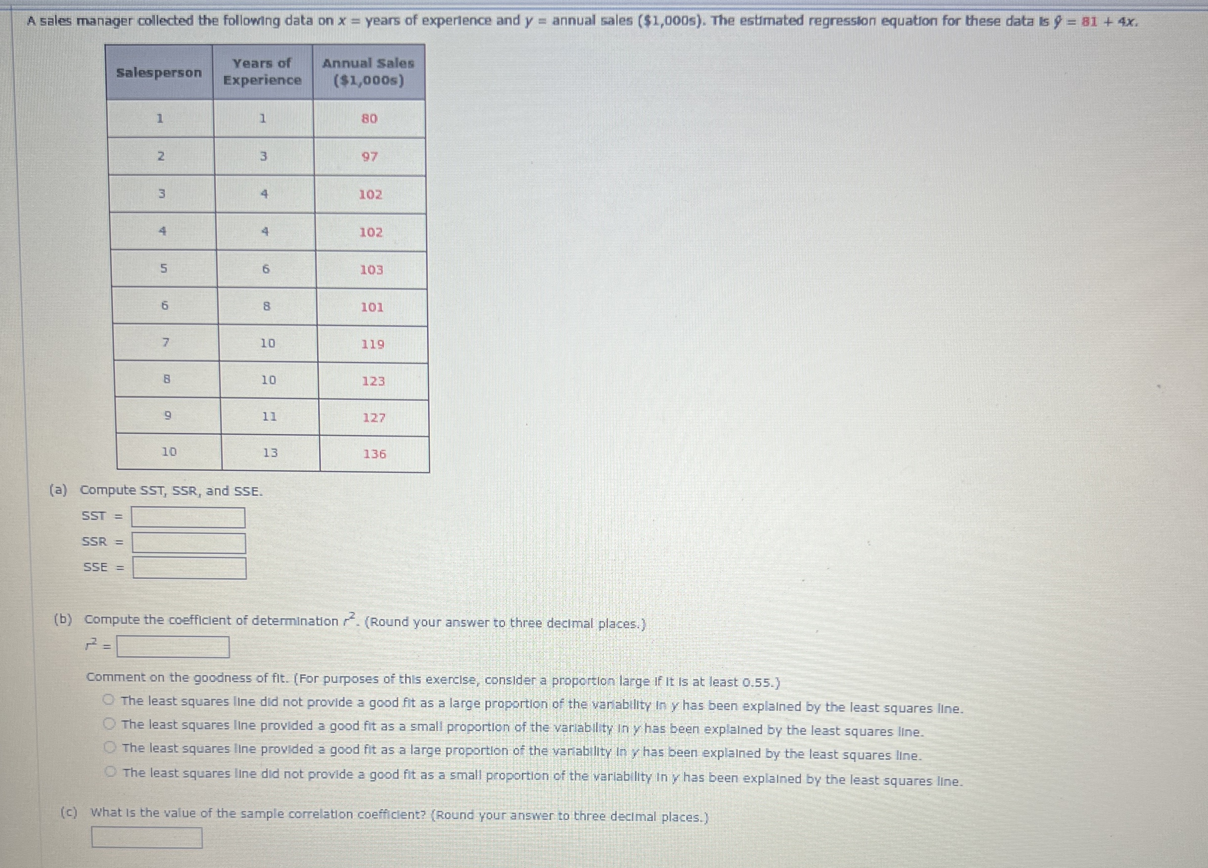 Solved A sales manager collected the following data on x= | Chegg.com