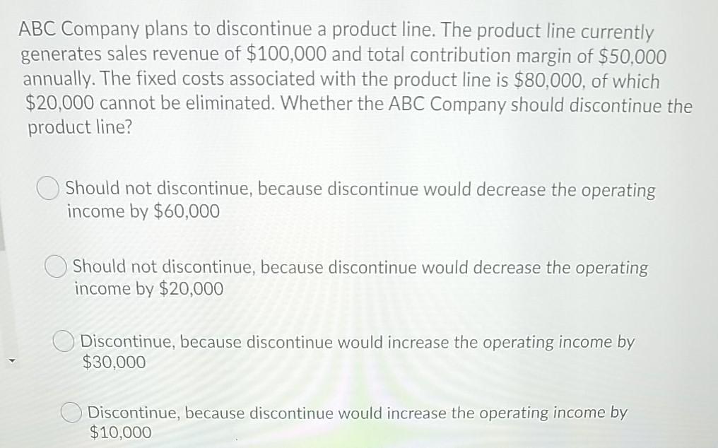 Solved ABC Company plans to discontinue a product line. The | Chegg.com