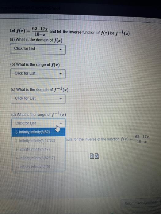 Solved Let f(x)=10−x62−17x and let the inverse function of | Chegg.com