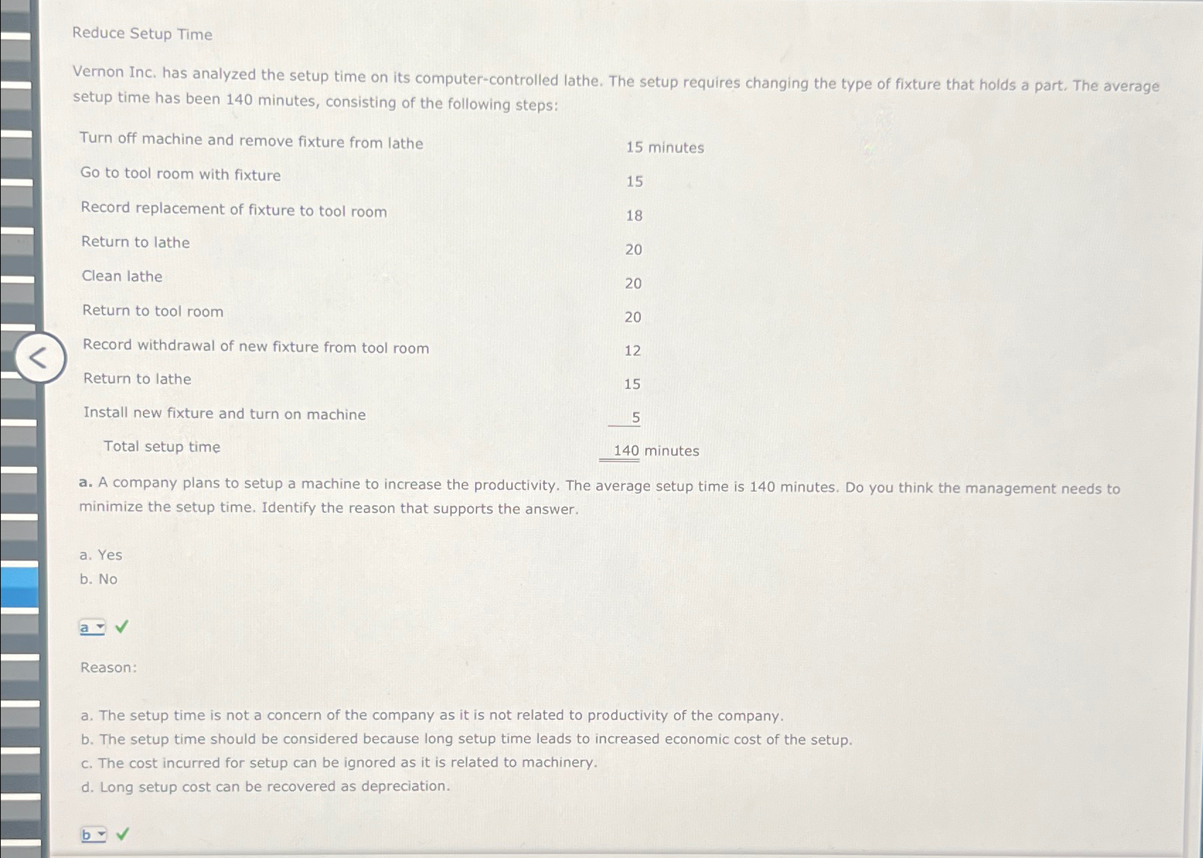 Solved Reduce Setup TimeVernon Inc. has analyzed the setup | Chegg.com