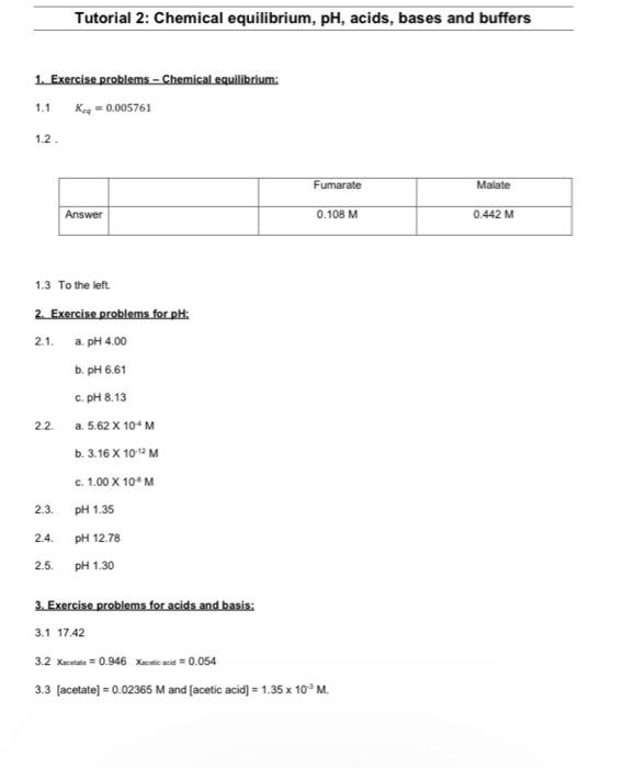 Solved Tutorial 2: Chemical equilibrium, pH, acids, bases | Chegg.com