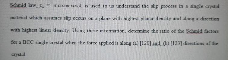 Solved Schmid law. TR = o cosa cosi, is used to us | Chegg.com