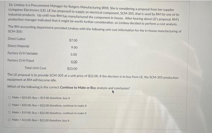 Solved 16. Lindsey is a Procurement Manager for Rutgers | Chegg.com