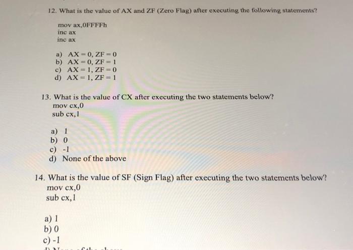 Solved 12. What is the value of AX and ZF (Zero Flag) after | Chegg.com