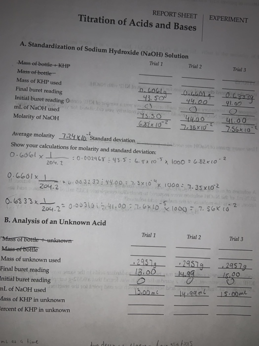 Solved REPORT SHEET Titration of Acids and Bases EXPERIMENT | Chegg.com