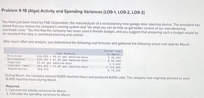 Problem 9-18 (Algo) Activity and Spending Variances | Chegg.com