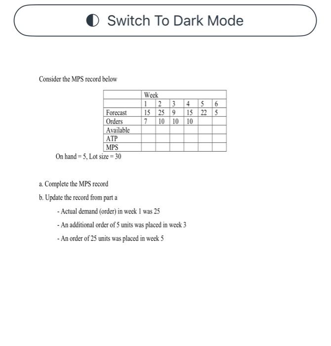 Solved Consider the MPS record below On hand =5, Lot size | Chegg.com
