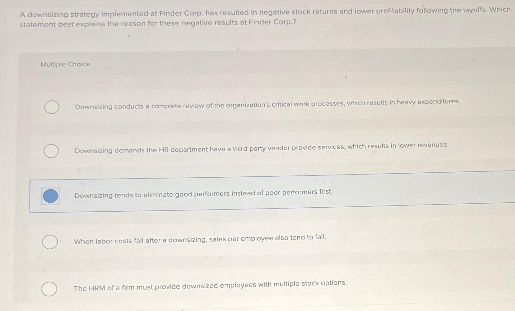 Solved A downsizing strategy implemented at Finder Corp. has | Chegg.com