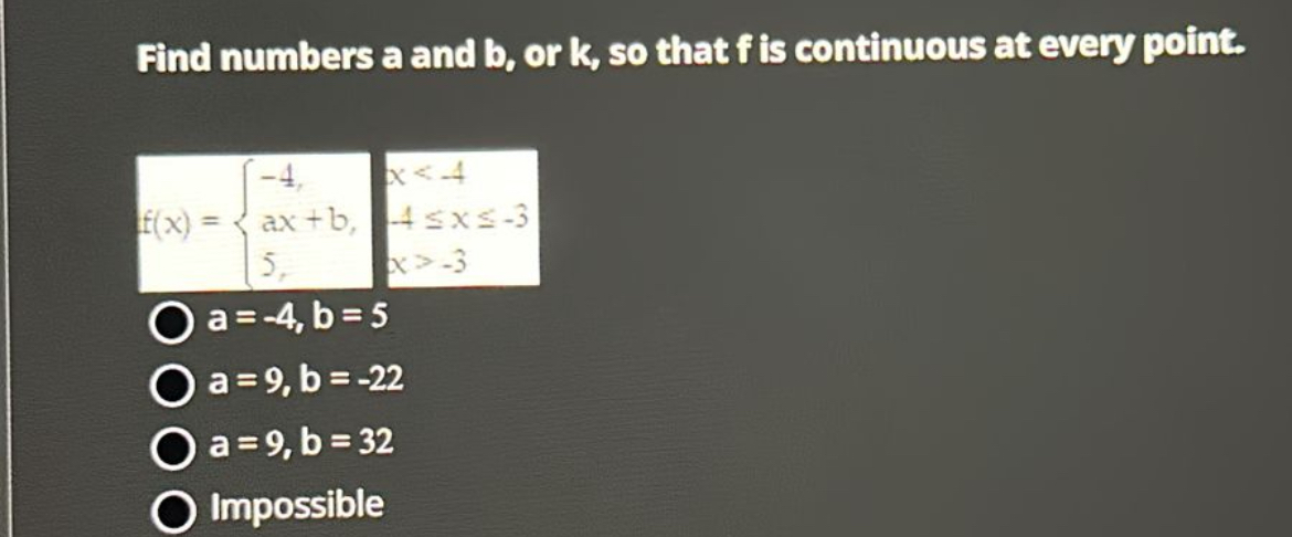 Solved Find numbers a and b, ﻿or k, ﻿so that f ﻿is | Chegg.com