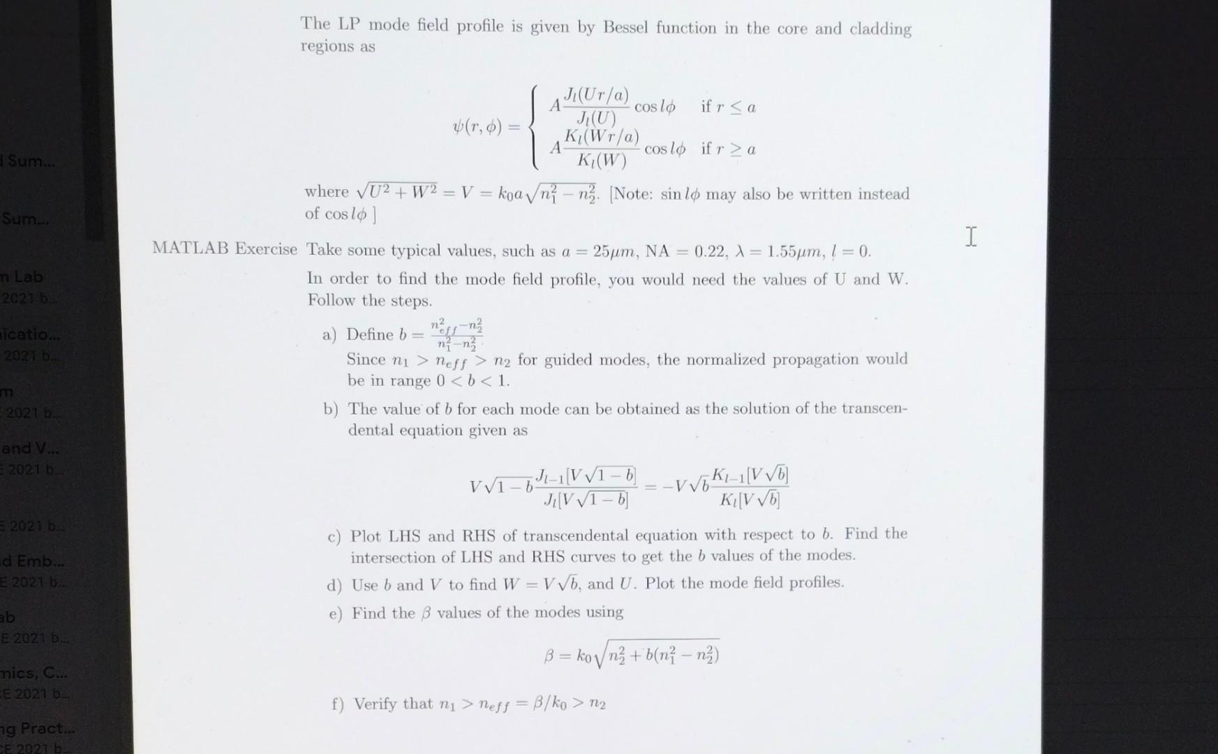Solved The LP mode field profile is given by Bessel function | Chegg.com