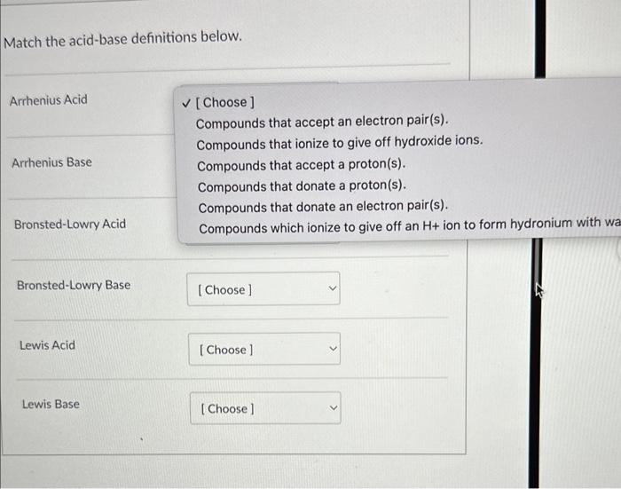 Solved Match the acid-base definitions below. Arrhenius Acid | Chegg.com