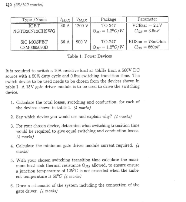 Solved Q2 (25/100 ﻿marks)Table 1: Power DevicesIt is | Chegg.com