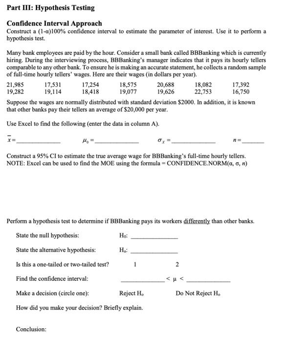 Solved Part III: Hypothesis Testing Confidence Interval | Chegg.com