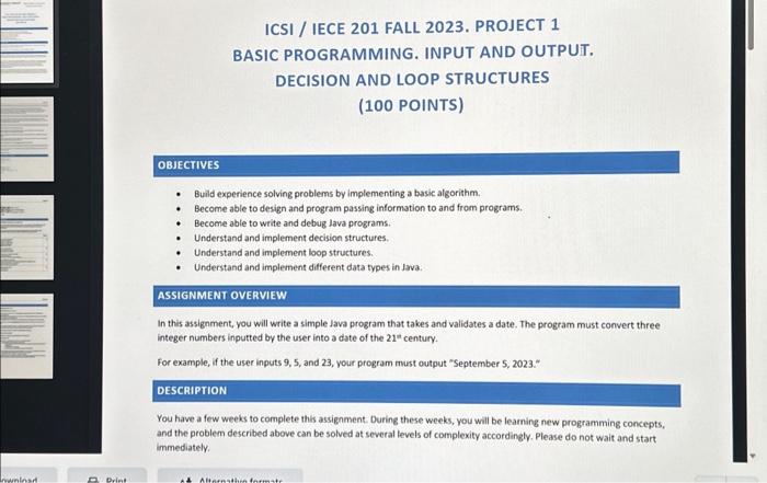 Solved OBJECTIVES ICSI / IECE 201 FALL 2023. PROJECT 1 | Chegg.com