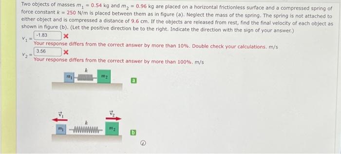 Solved Two objects of masses m1=0.54 kg and m2=0.96 kg are | Chegg.com