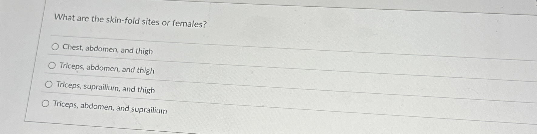 Solved What are the skin-fold sites or females?Chest, | Chegg.com