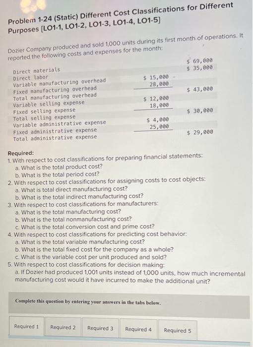 Solved Problem 1-24 (Static) Different Cost Classifications | Chegg.com