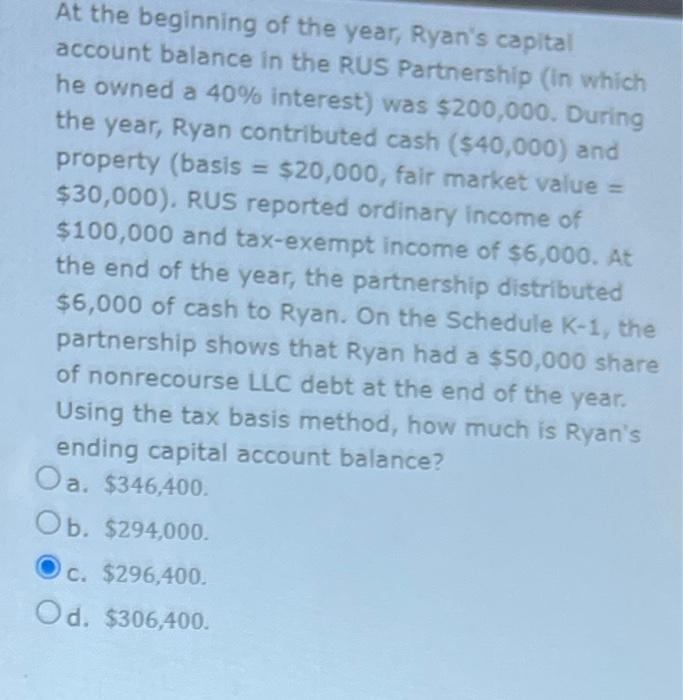 Solved At the beginning of the year, Ryan's capital account | Chegg.com