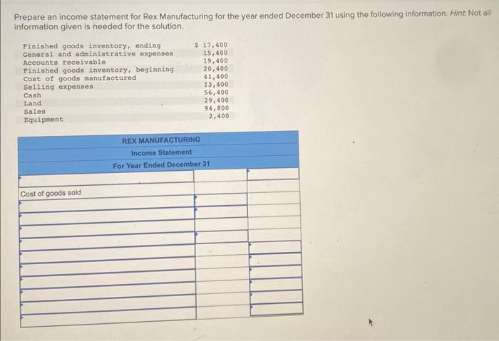 Solved Prepare an income statement for Rex Manufacturing for | Chegg.com
